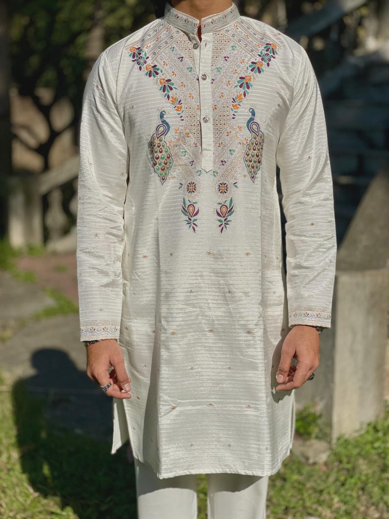 Peacock Kundan Silk White Kurta for Mens Wedding Cloths, Jacquard ...