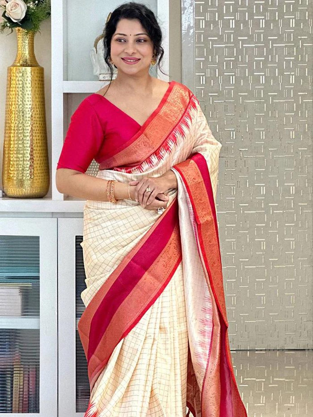 Off White Banarasi Silk Gadwal Cotton Saree for Women With Jari Weaving ...