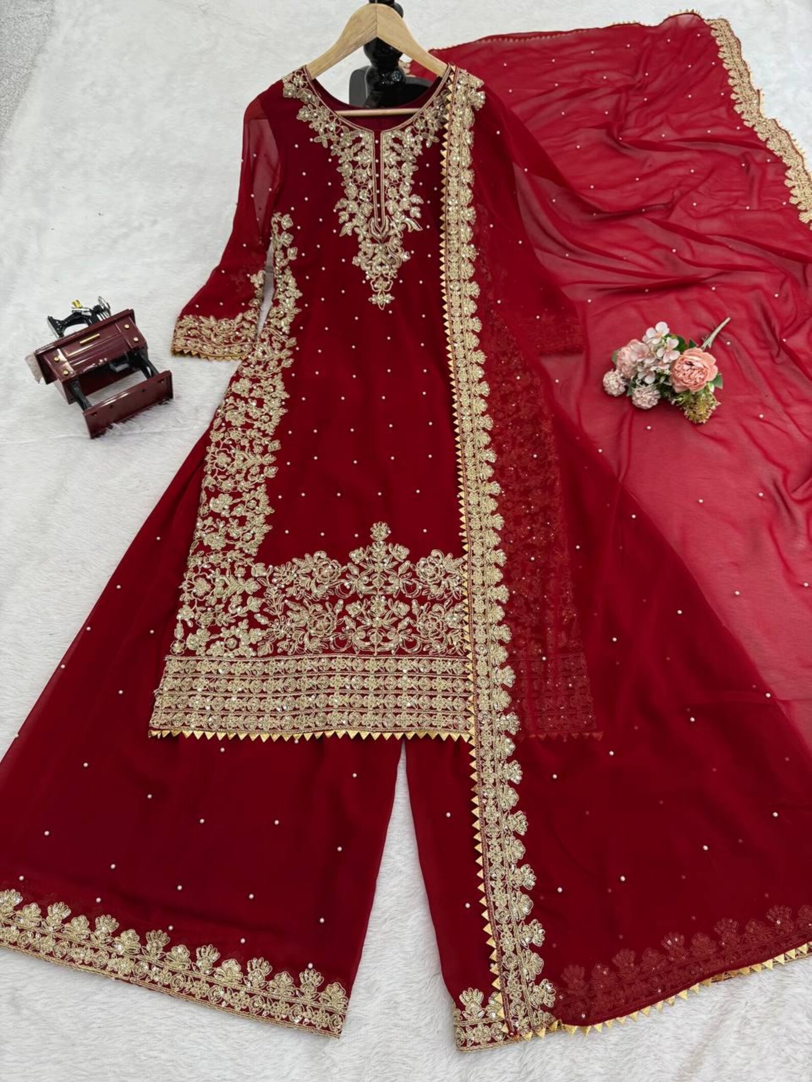 Beautiful Red Ready to Wear Women Plazo Set for Wedding, Salwar Kameez ...