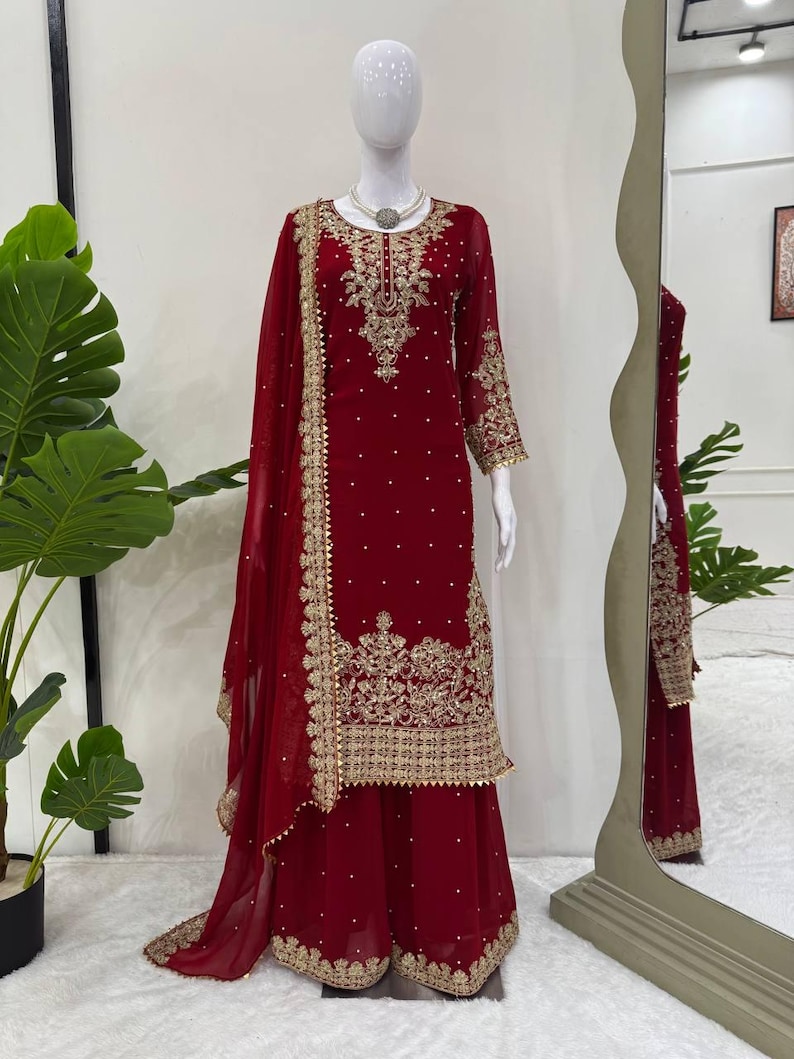 Beautiful Red Ready to Wear Women Plazo Set for Wedding, Salwar Kameez ...