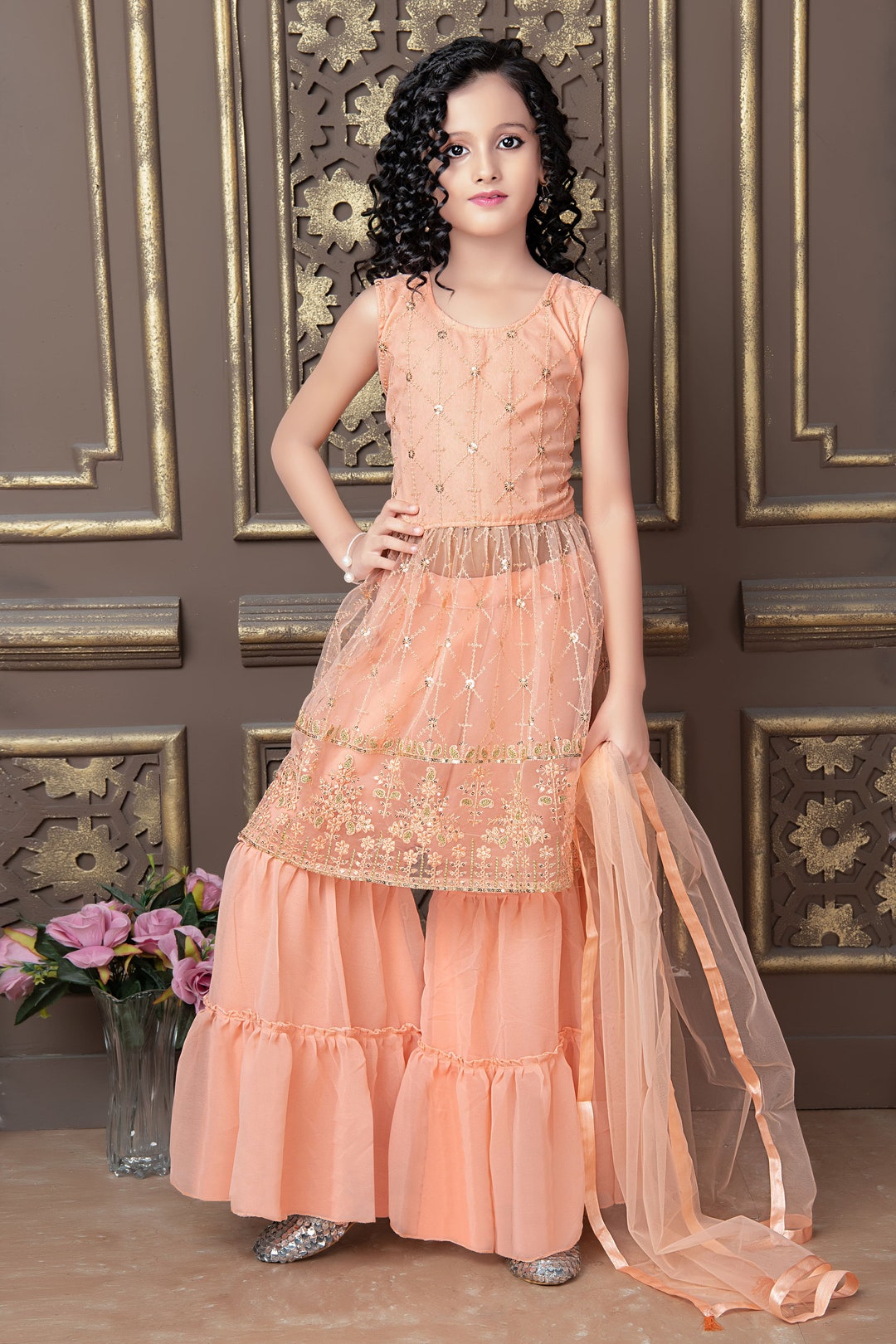 Peach Net Kids Sharara Suit, Sharara for Girls, Kids Ethnic Wear, Kids ...