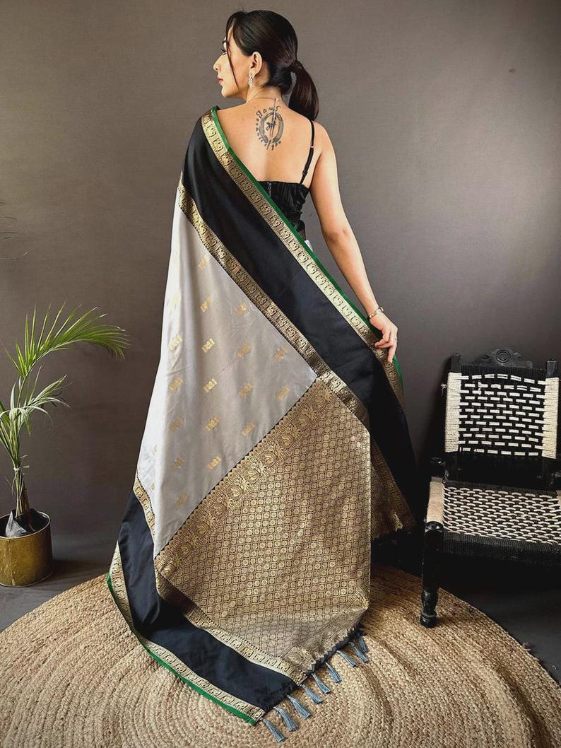 Gray Black Soft Silk Gadhwal Silk Saree for Women With Jari Weaving ...