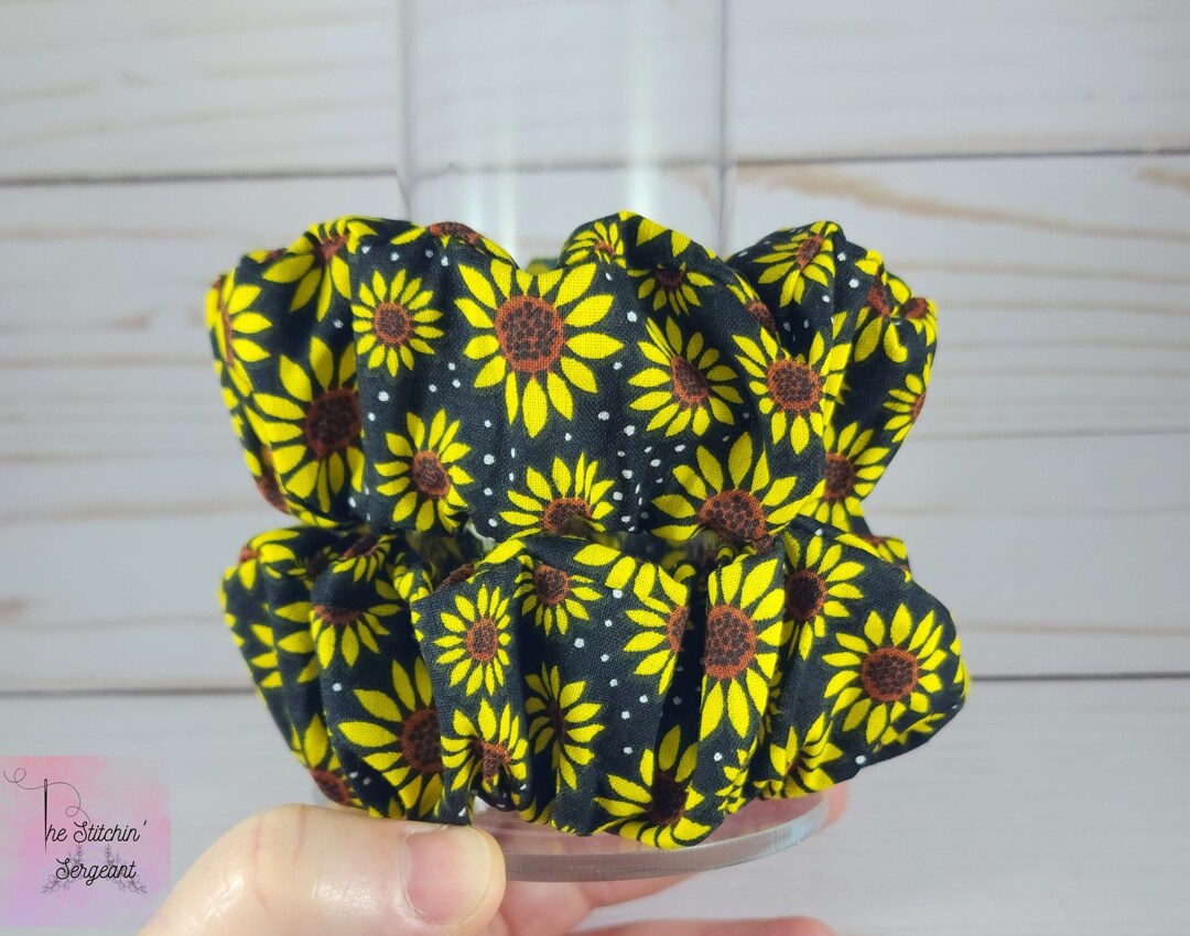 Dots and Sunflowers on Black Scrunchie, Yellow and Brown Sunflower Hair ...