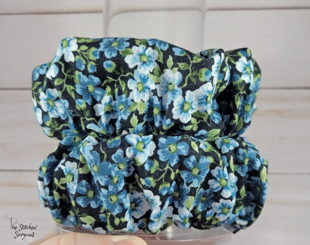 Blue Floral Scrunchie, Cute Blue Packed Flower Hair Ties, Teal Spring ...