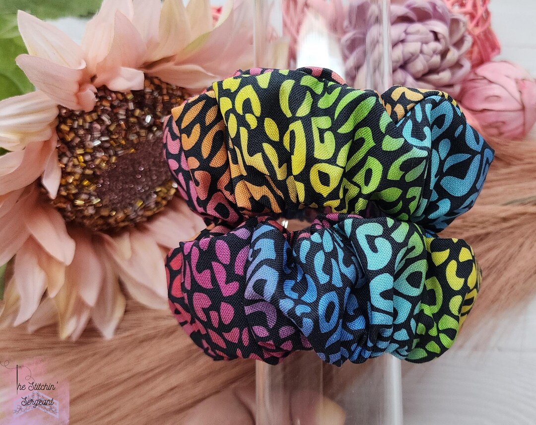 Black Rainbow Cheetah Scrunchie, Black Rainbow Leopard Hair Tie, Wide ...