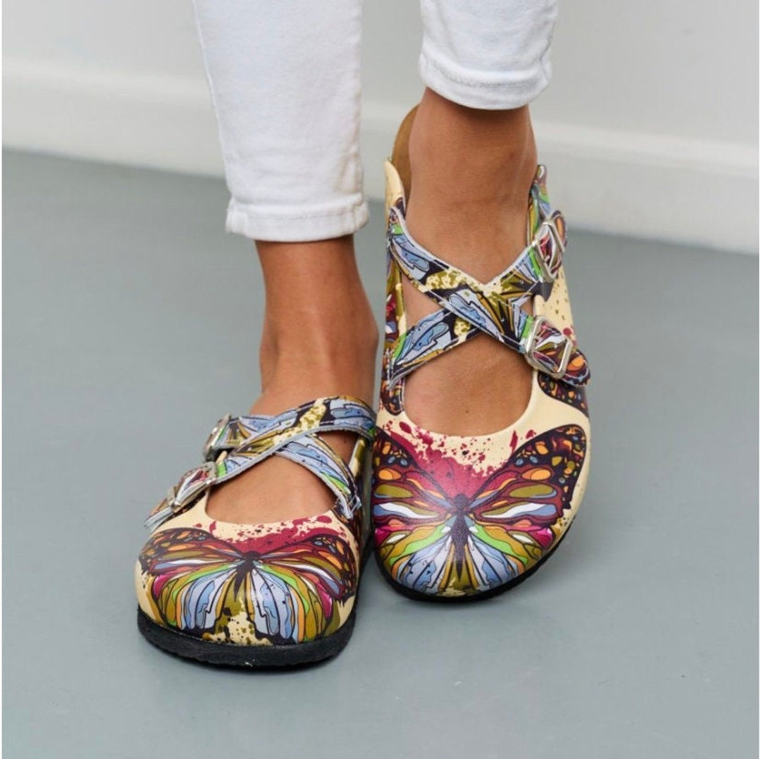 Yellow Butterfly Cork Sole Clogs | Women's Leather Orthopedic Slippers ...