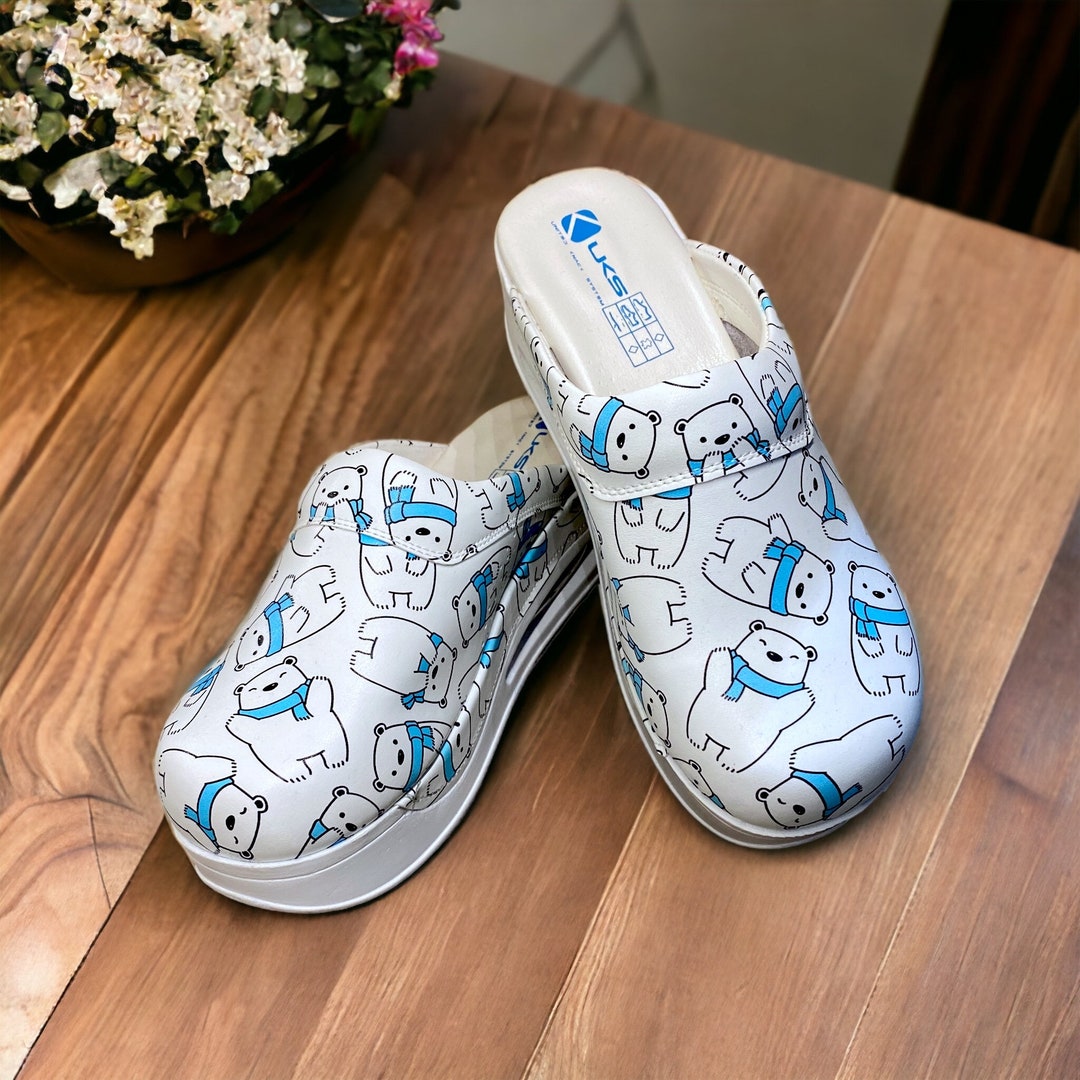 Polar Bear Print Leather Clogs for Women | Slip-on Platform Mules ...
