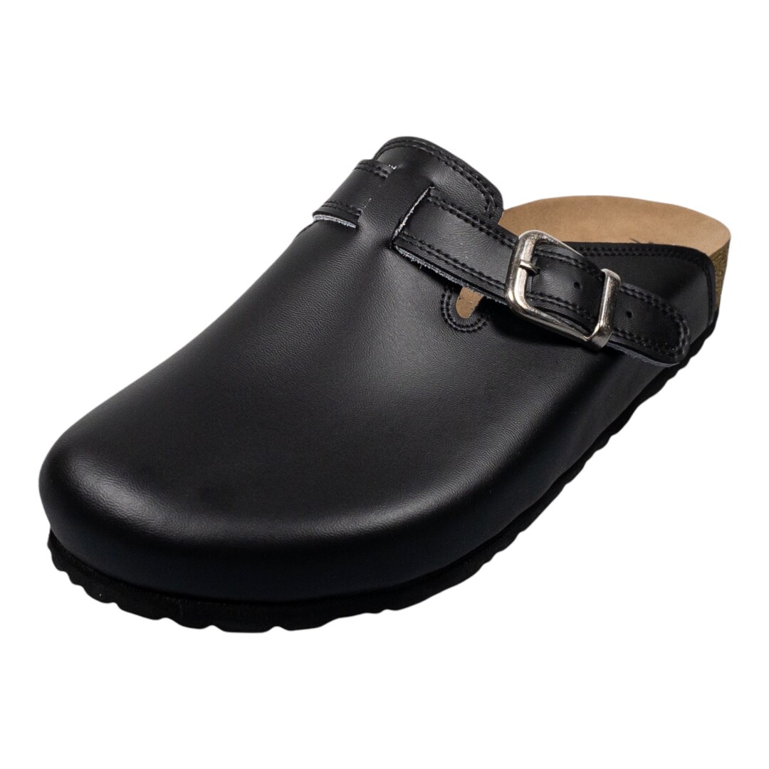 Black Cork Leather Adjustble Strap Clogs Slippers Mules Boston Clogs ...