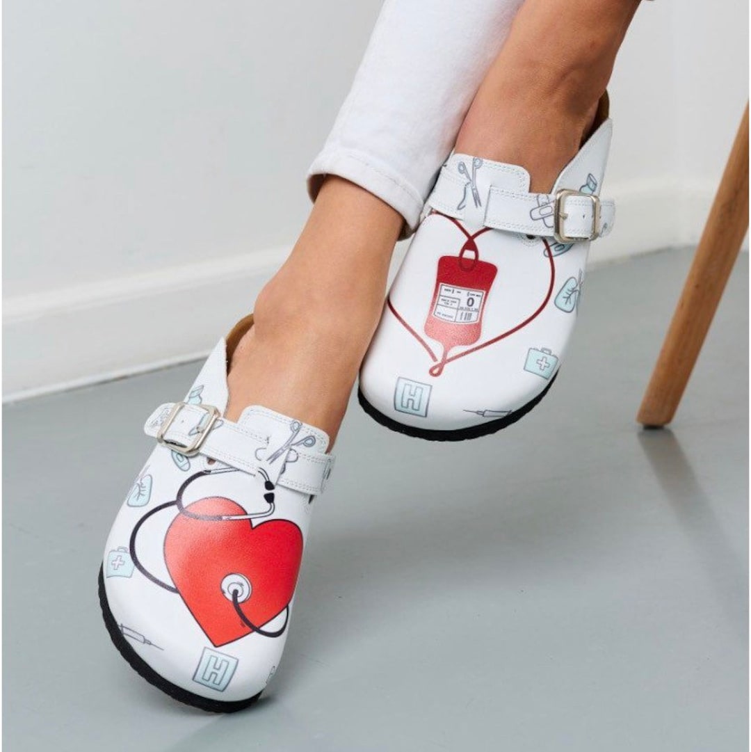 Handmade Leather Nursing Clogs, Medical Theme Shoes, Heart IV Design ...