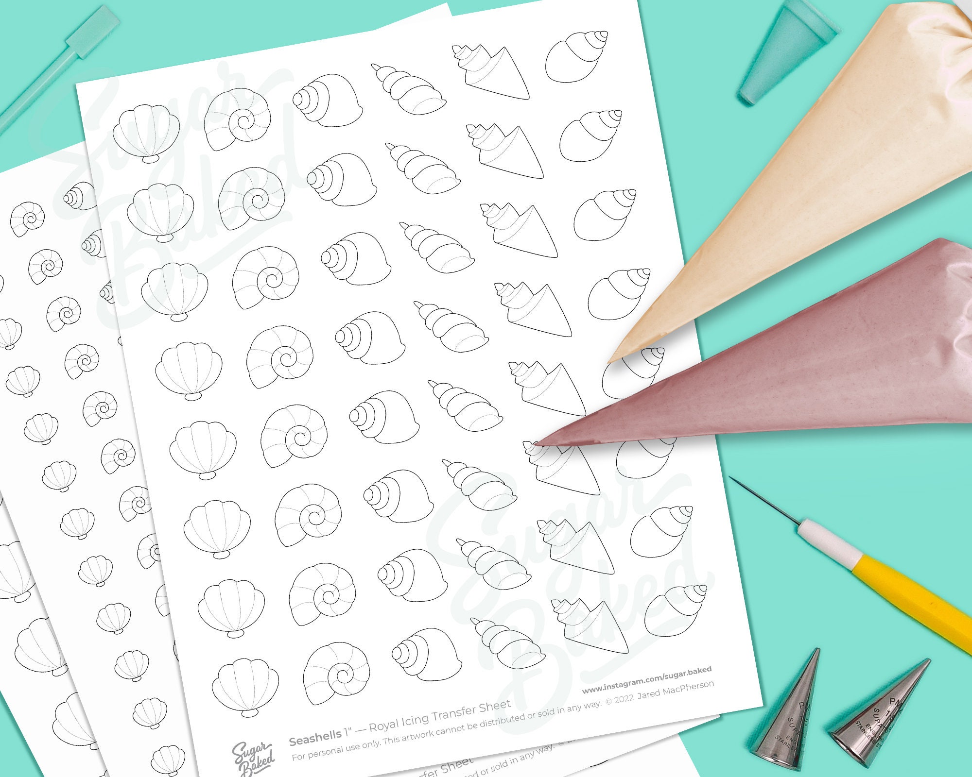 Seashells - Printable Royal Icing Transfer Template Sheet for Cookie ...