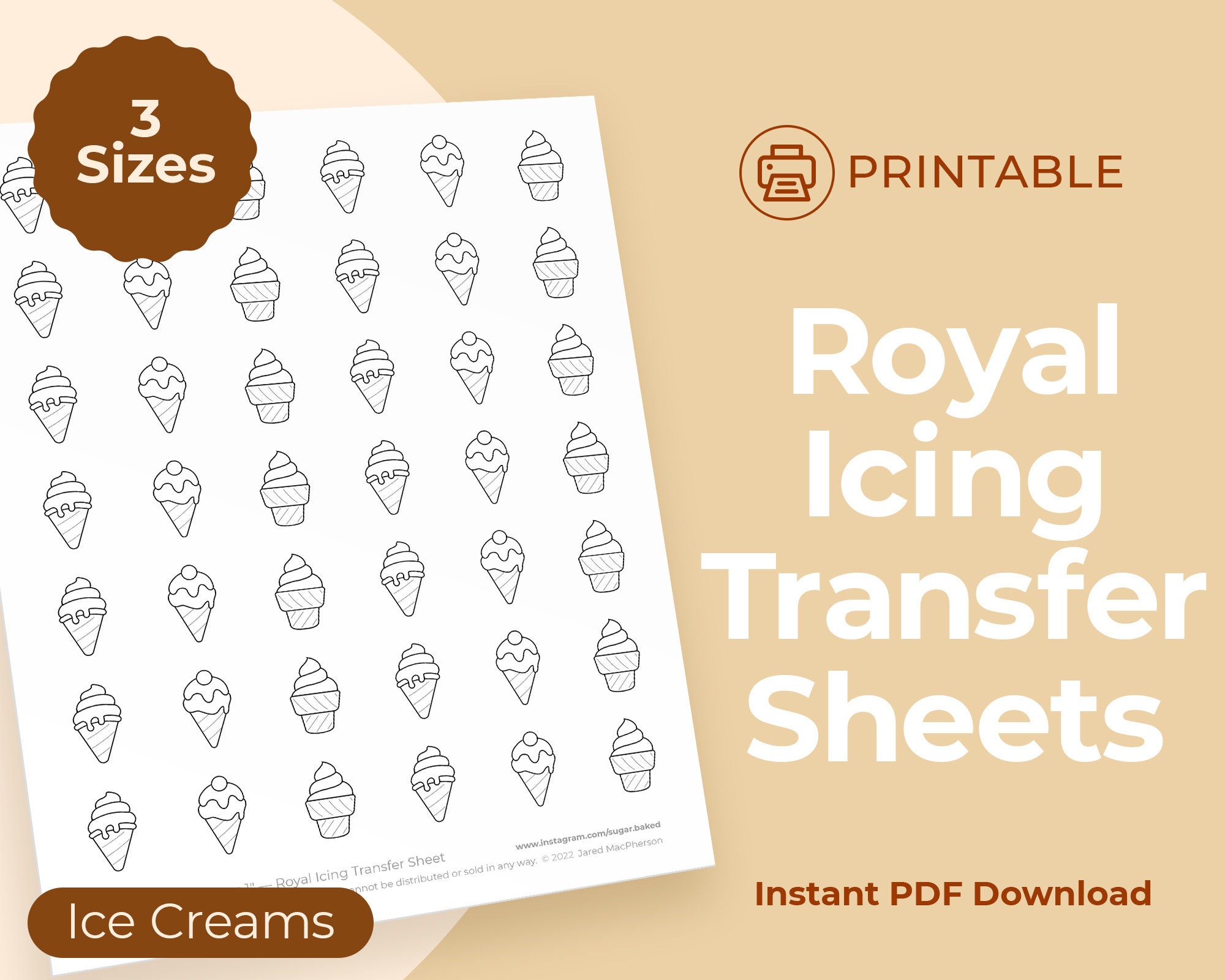Ice Cream - Printable Royal Icing Transfer Template Sheet for Cookie ...