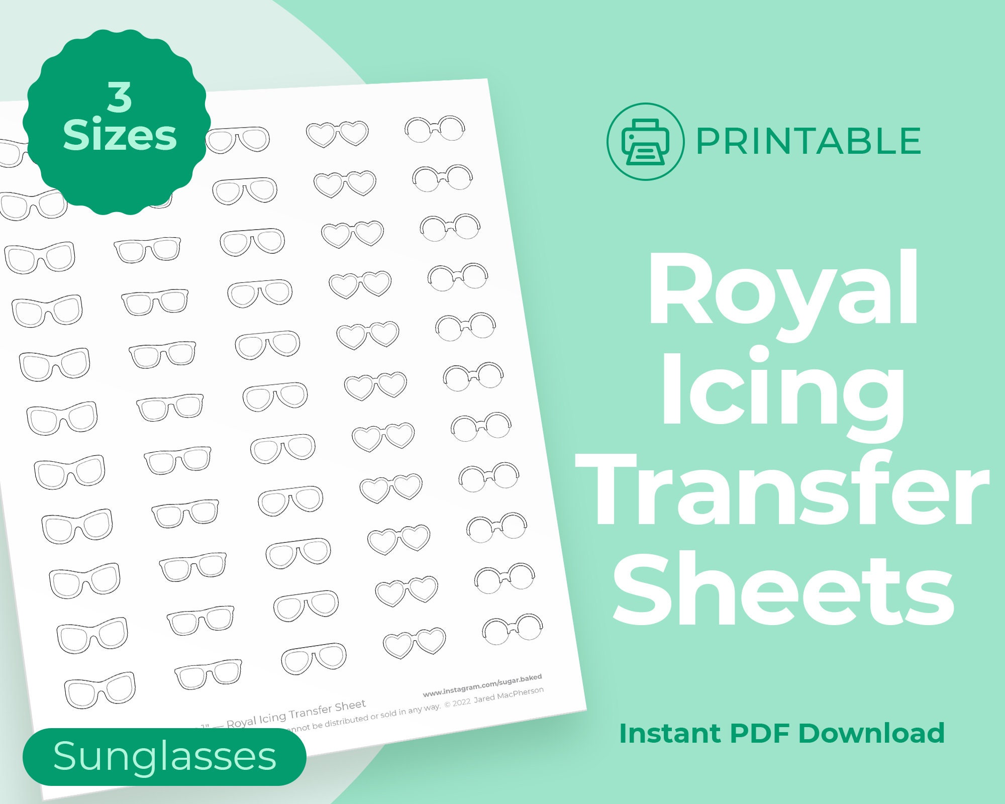 Sunglasses - Printable Royal Icing Transfer Template Sheet for Cookie ...