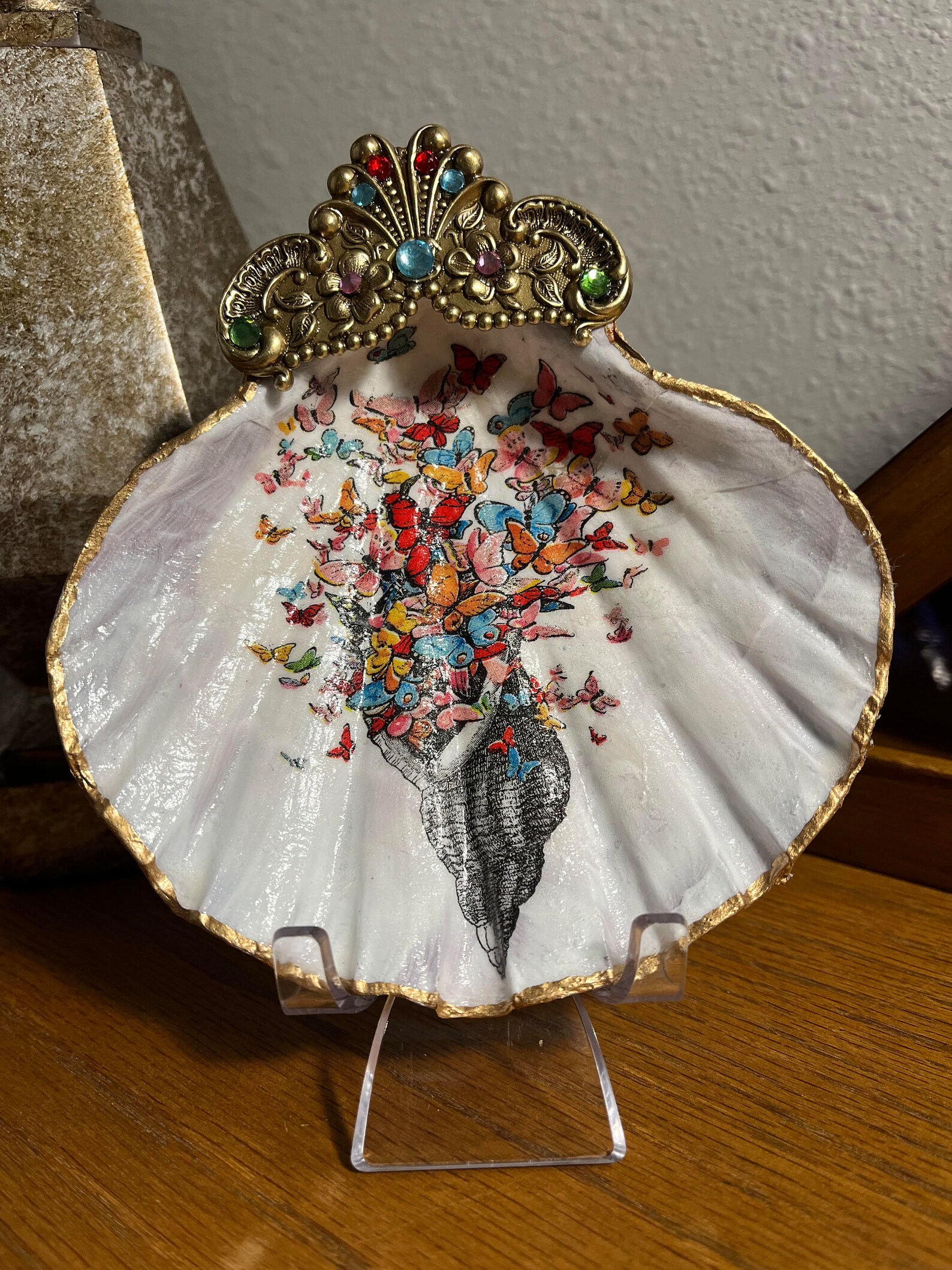 Clam Shell Dish, Decoupage Clam Shell, Ring Dish, Flowers, Clam ...