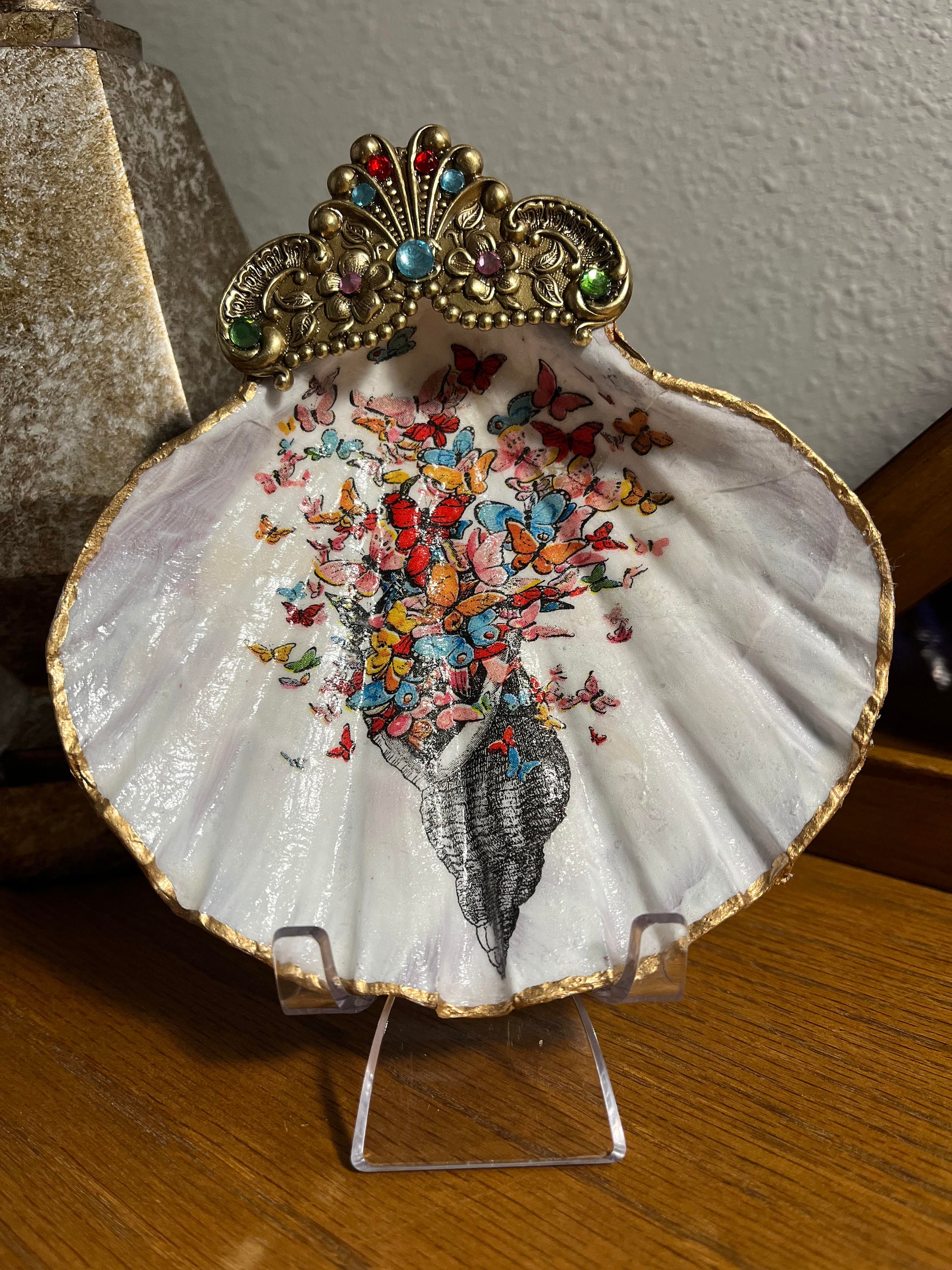 Clam Shell Dish, Decoupage Clam Shell, Ring Dish, Flowers, Clam ...