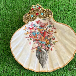 Clam Shell Dish, Decoupage Clam Shell, Ring Dish, Flowers, Clam ...