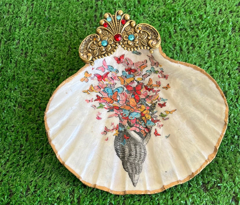 Clam Shell Dish, Decoupage Clam Shell, Ring Dish, Flowers, Clam ...