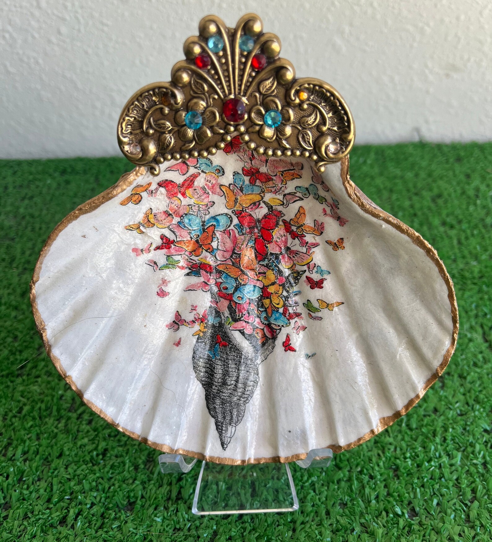 Clam Shell Dish, Decoupage Clam Shell, Ring Dish, Flowers, Clam ...