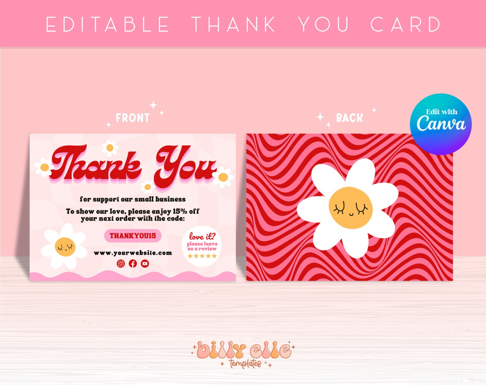 Groovy Thank You Card Canva Template - Small Business Thank You Card ...