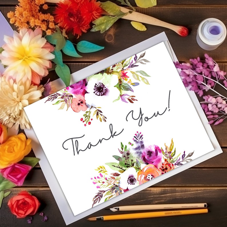 Folded Printable and Editable Note Cards, Posies Note Card, Blank Thank ...