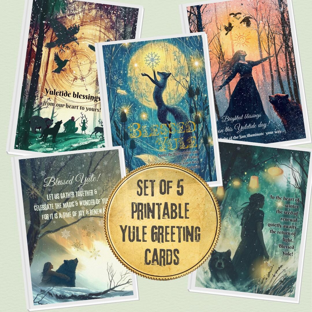 Set of 5 Instant Printable Yule Greeting Cards, Greeting Card Bundle ...