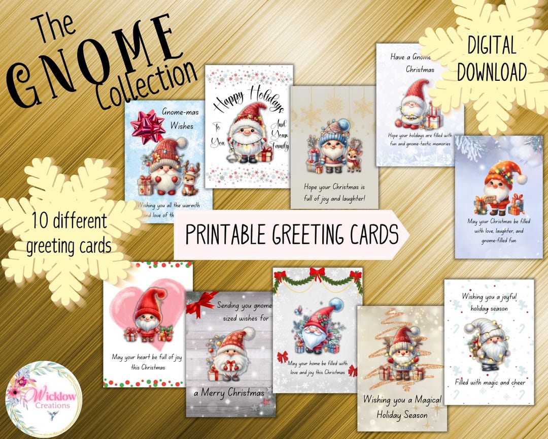 Gnome Christmas Cards Printable Bundle 10 Digital Holiday Cards ...
