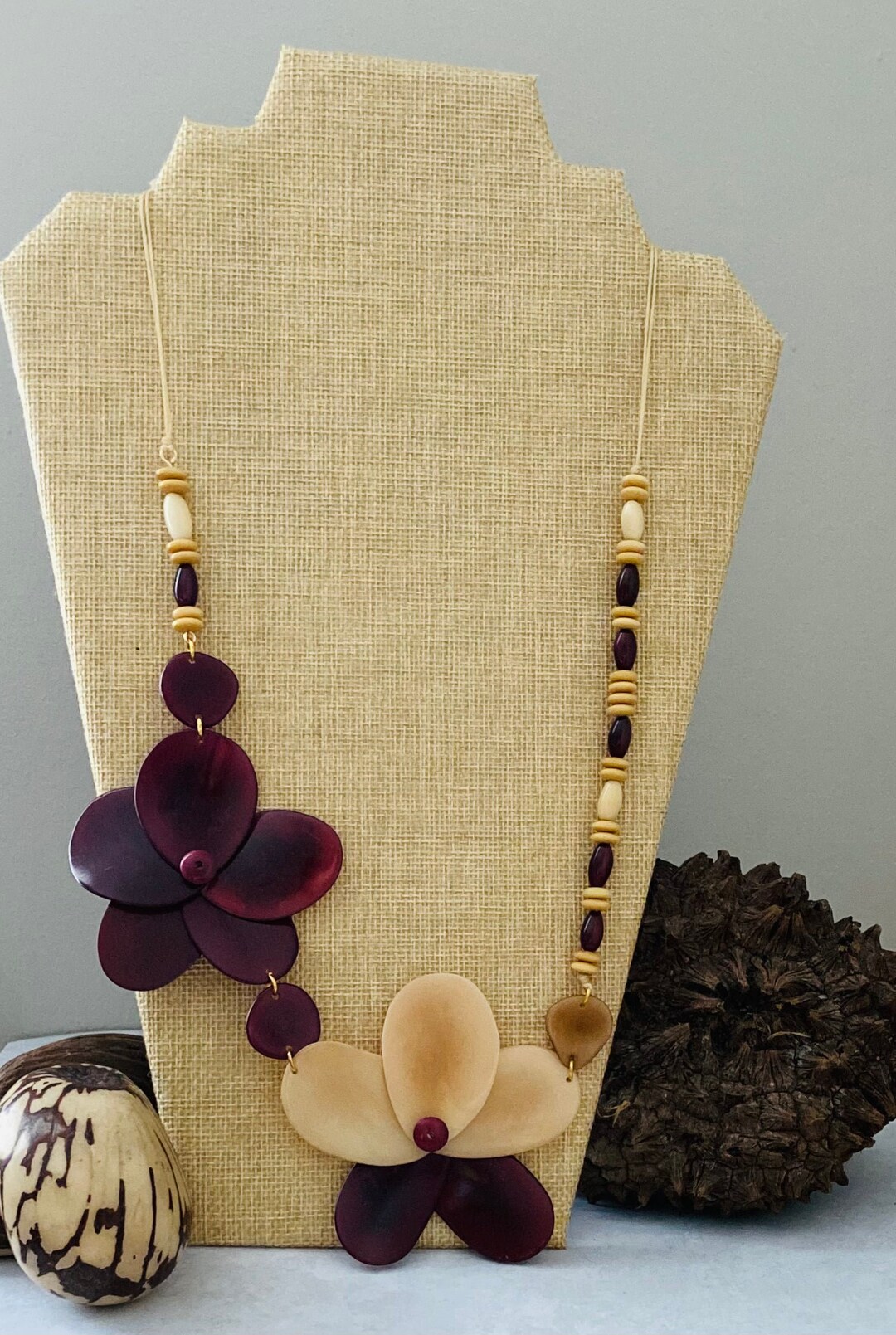 Maroon and Ivory Double Rose Tagua Nut Necklace - Etsy