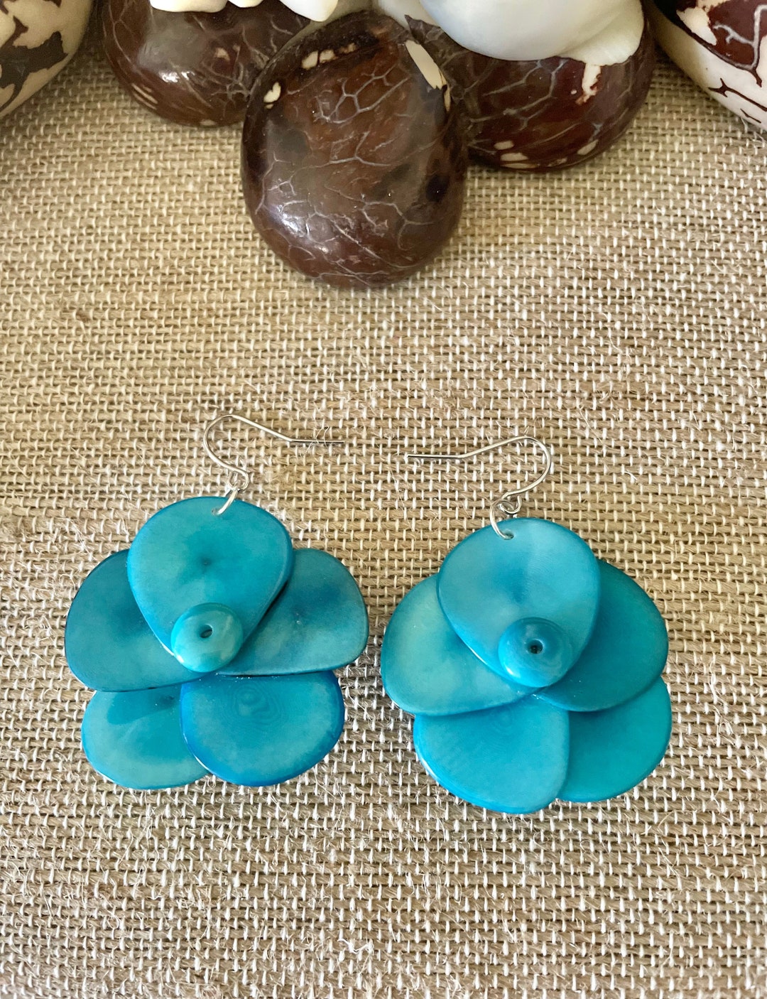 Turquoise Rose Tagua Earrings - Etsy