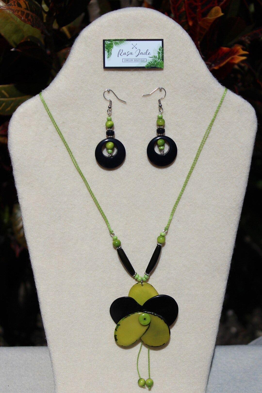 Green and Black Tagua Nut Rose and Earrings Set - Etsy