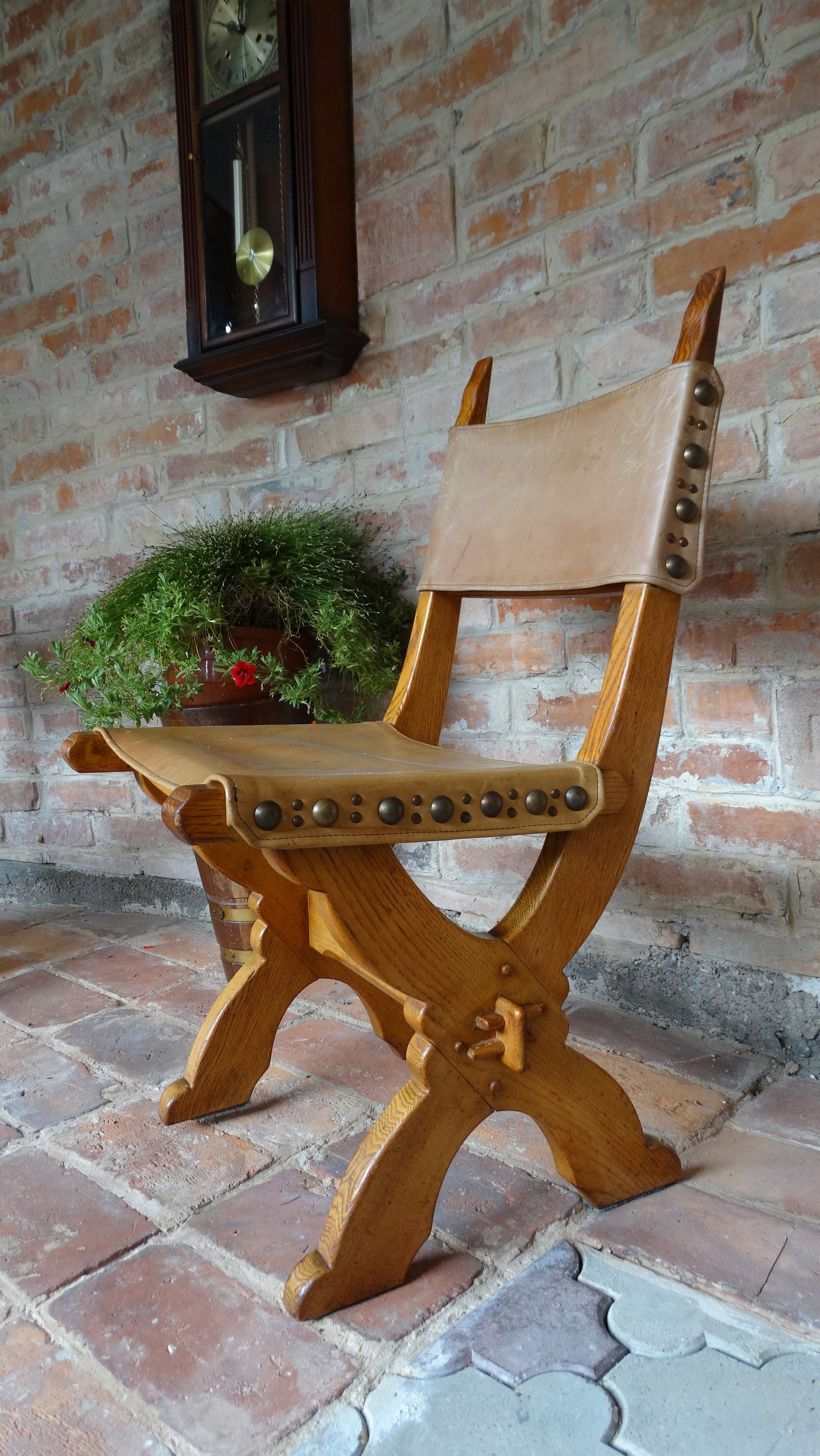 Vintage Massive Wood and Leather Chair - Outdoor, Cellar, Garden - Etsy