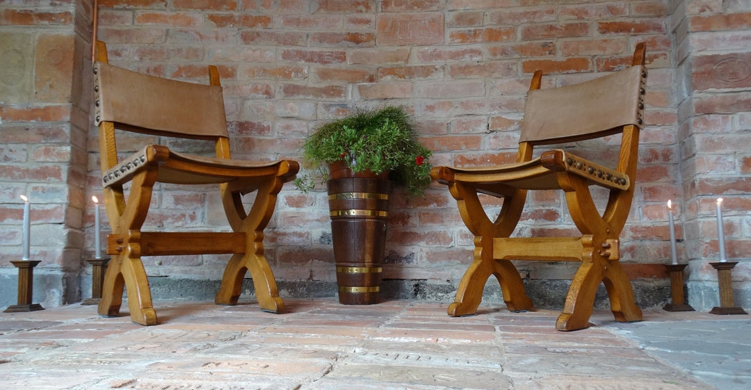 Vintage Massive Wood and Leather Chair - Outdoor, Cellar, Garden - Etsy