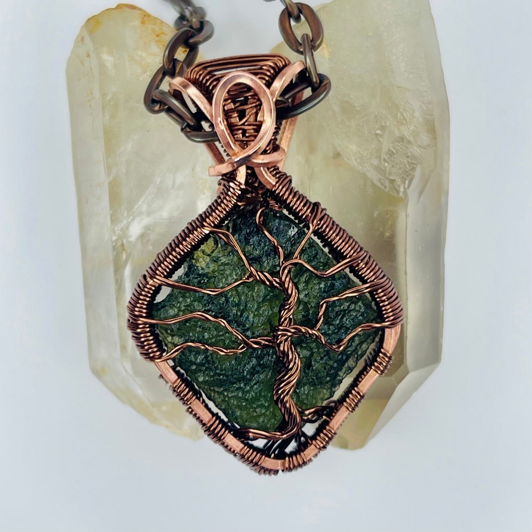 Moldavite Copper Tree of Life Pendant, Healing Crystal Boho Necklace, Handmade Wire Wrap Tektite ...