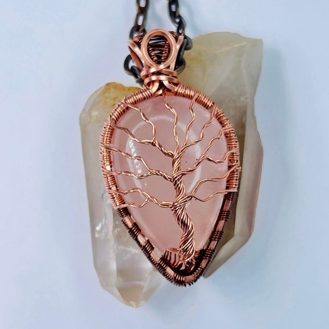 Rose Quartz Tree of Life Wire Wrap Copper Pendant, Handmade Wire Wrap ...