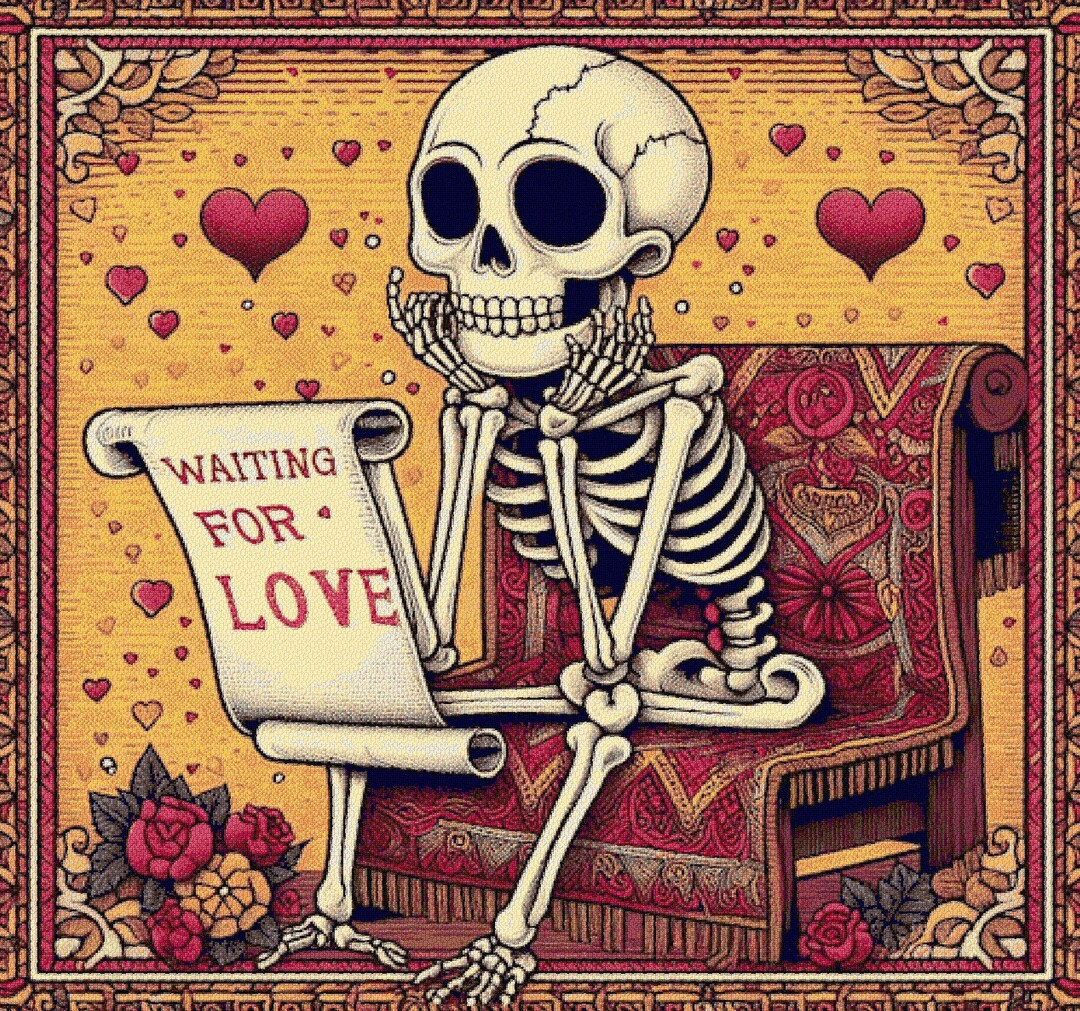 Skeleton in Armchair Waiting for Love Cross Stitch Design, Inc Pattern ...
