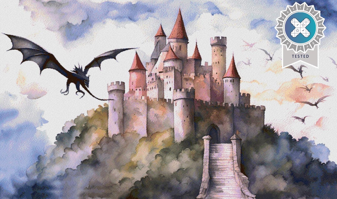Winged Dragons Flying Over Ancient Castle Cross Stitch Design, Inc ...