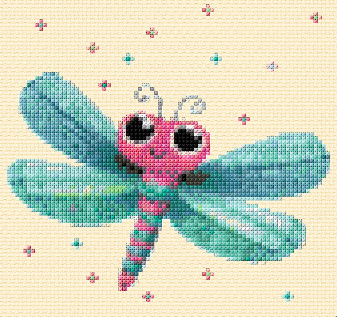 Cute Dragonfly With Fireflies Cross Stitch Design 85 X 85 Stitches Inc ...