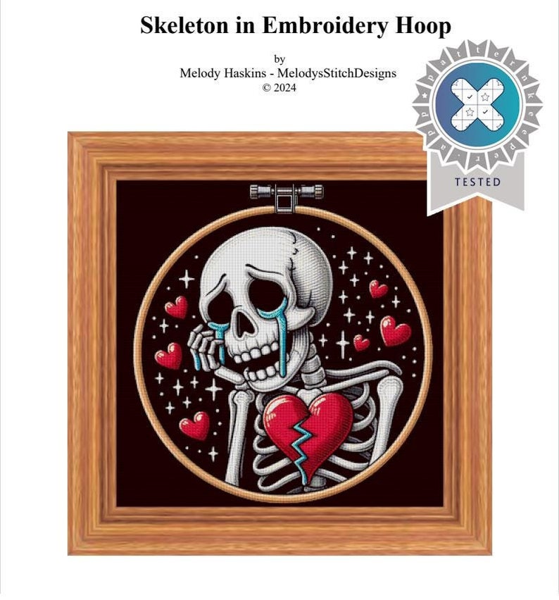 Broken Hearted Skeleton Cross Stitch Pattern, Inc Full Pattern Keeper File & Photo, 350x350 MUST ...