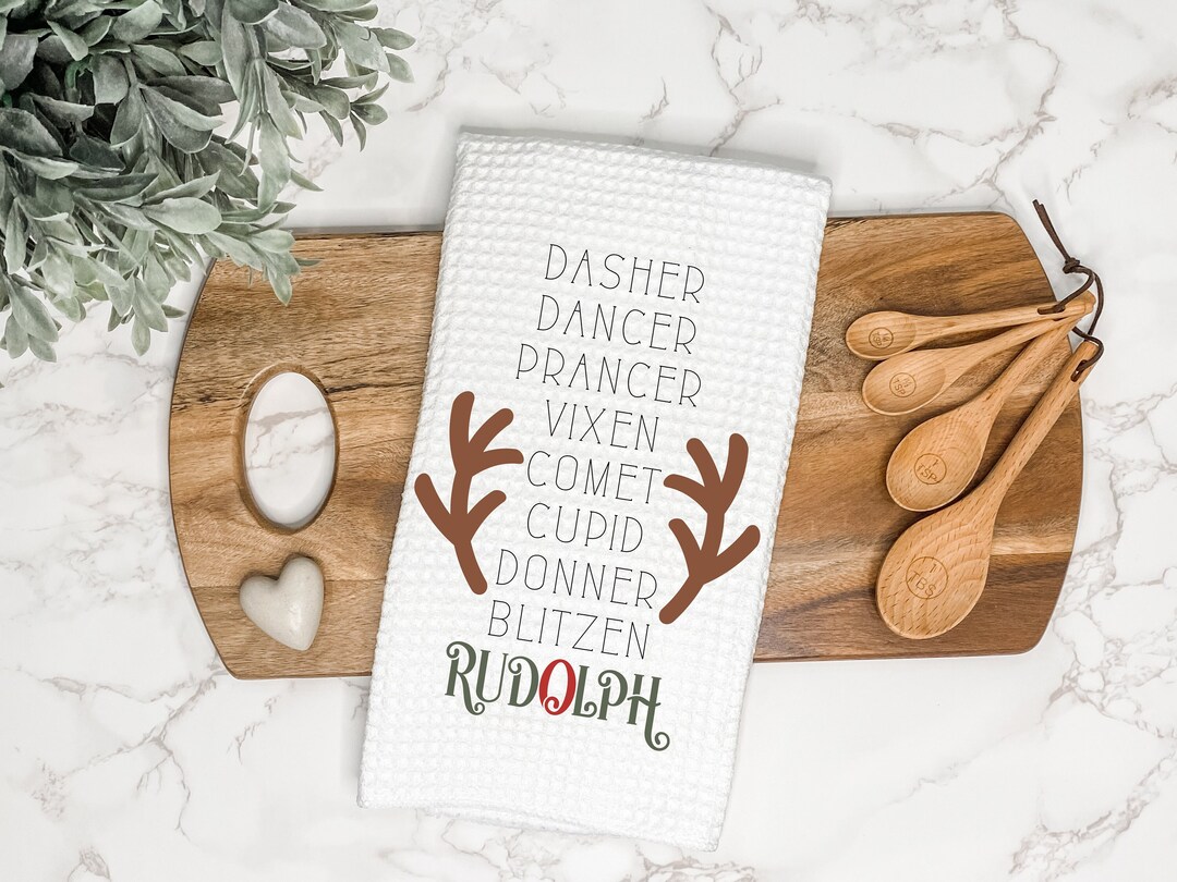 Santa's Reindeers, Christmas Kitchen Tea Towel | Reindeer Names ...