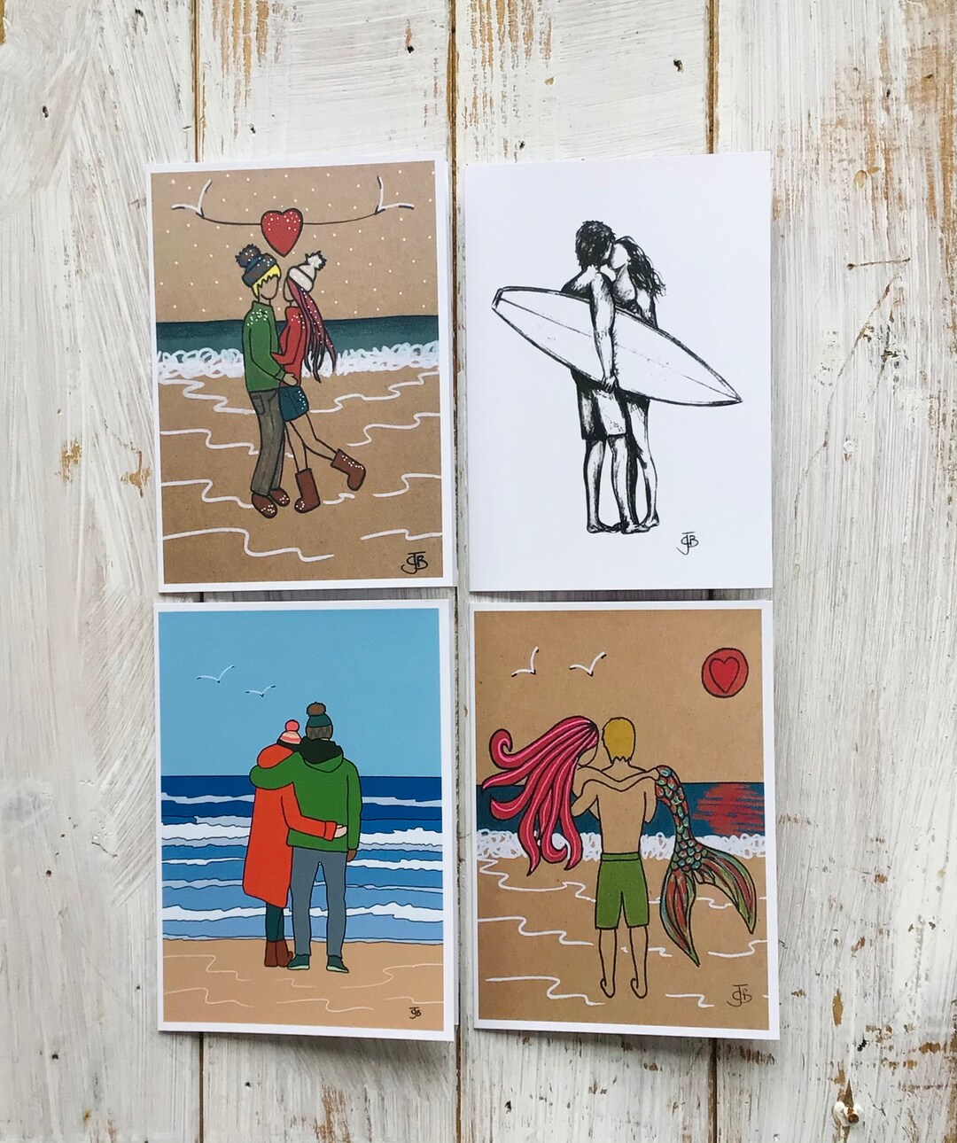 Beach Theme Cards Couple Anniversary Wedding Beach Surf Art Mermaid ...