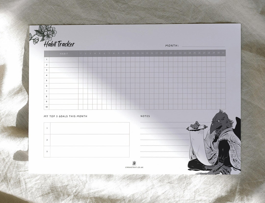 Monthly Habit Tracker & Goal Setting Printable A4 Japanese Yokai Karasu ...