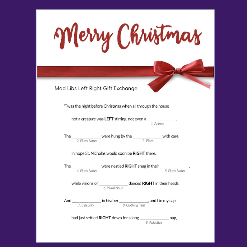 Mad Libs Gift Exchange Game - ‘twas the Night Before Christmas Left ...