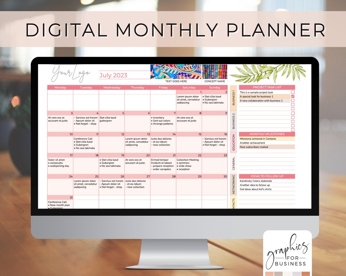 Digital Monthly Planner Pink Monthly Calendar Template, Planner ...