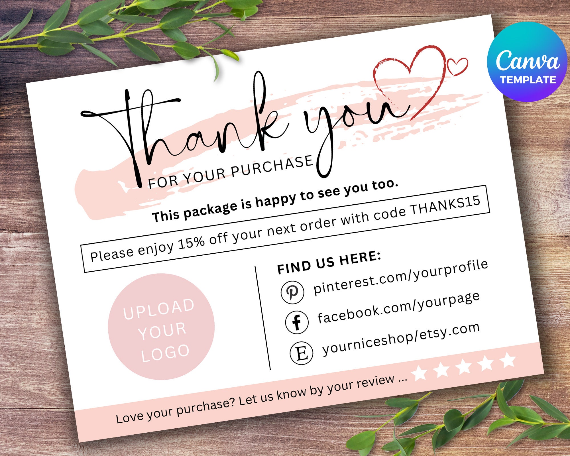 Thank You Card 2 Printable Business Template, Editable Etsy Shop Card ...