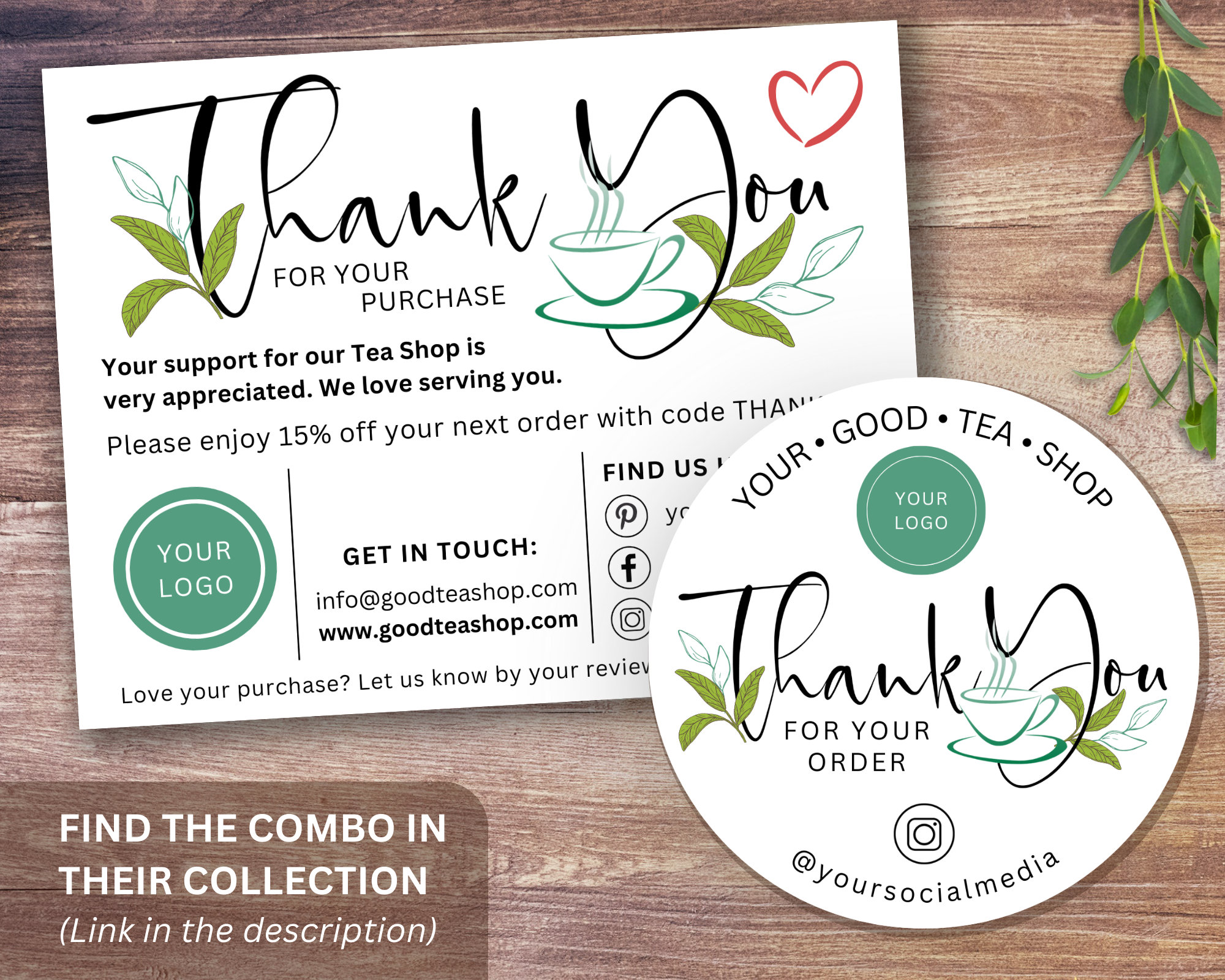 Tea Shop Thank You Card, Printable Business Card Template, Thank You ...