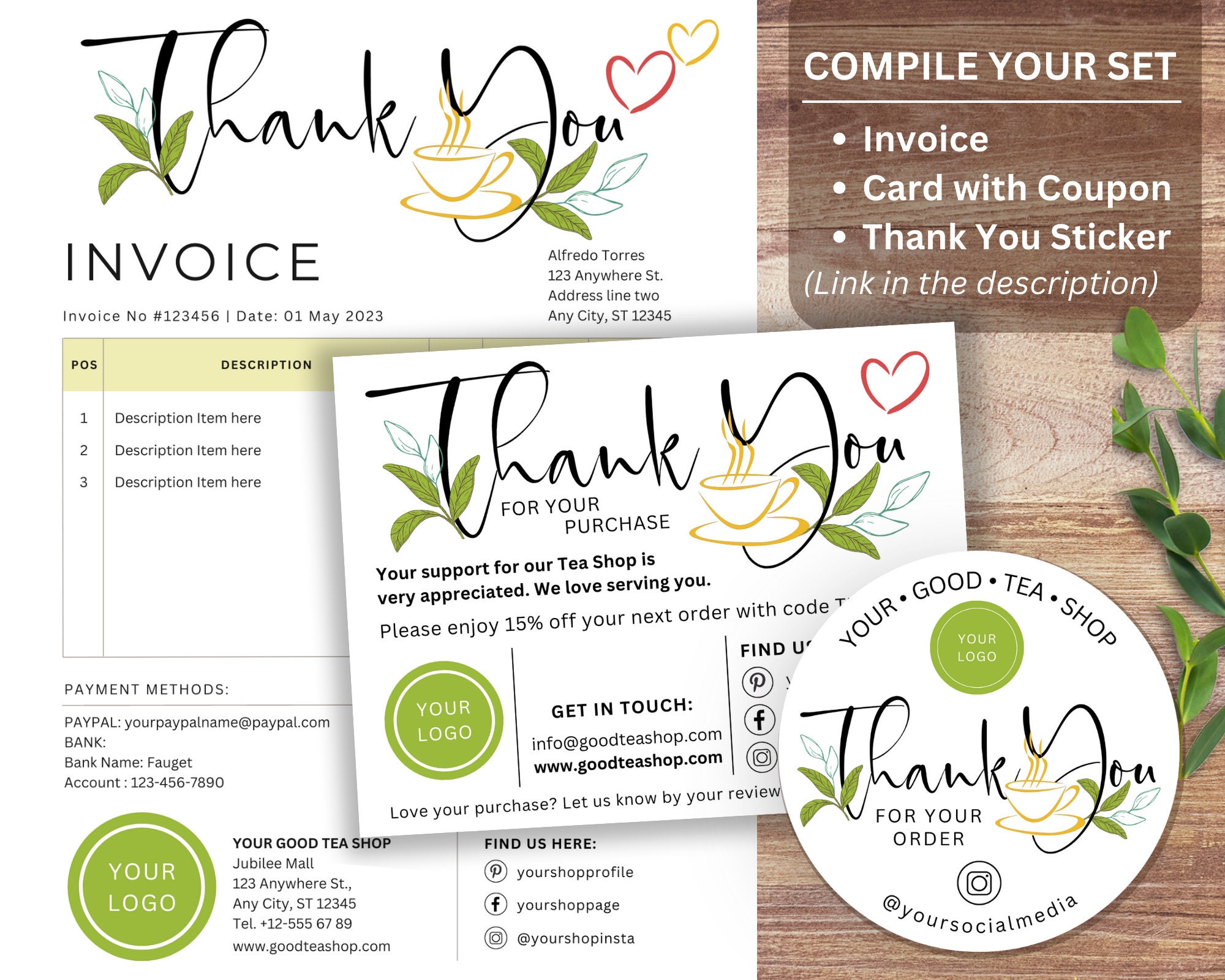 Tea Shop Invoice Editable Template, Tea Herbs Leaves Shop Invoice ...