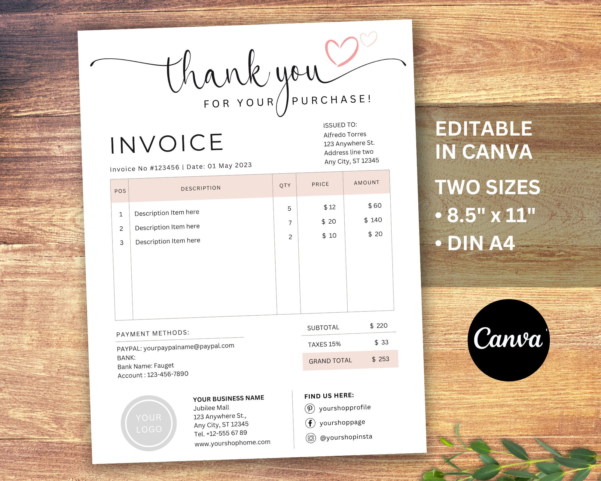 Invoice „thank You“– Editable Template, Shop Invoice, Printable Invoice ...