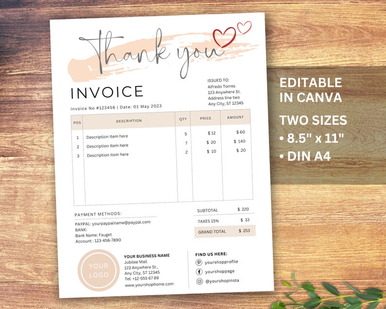 Editable Thank You Invoice Template – Canva, Printable Receipt (digital ...