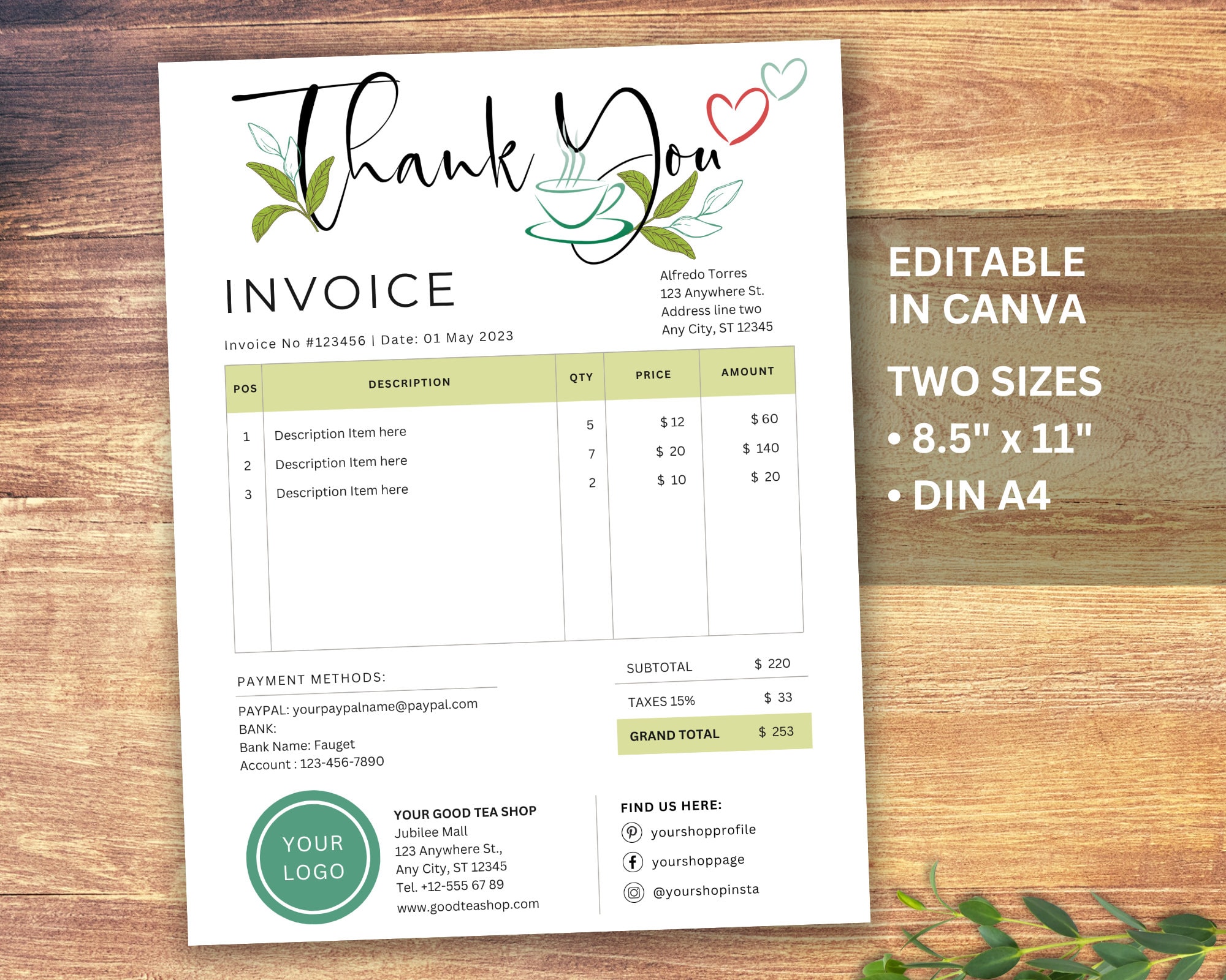 Tea Shop Invoice – Editable Template, Tea Herbs Leaves Shop Invoice ...