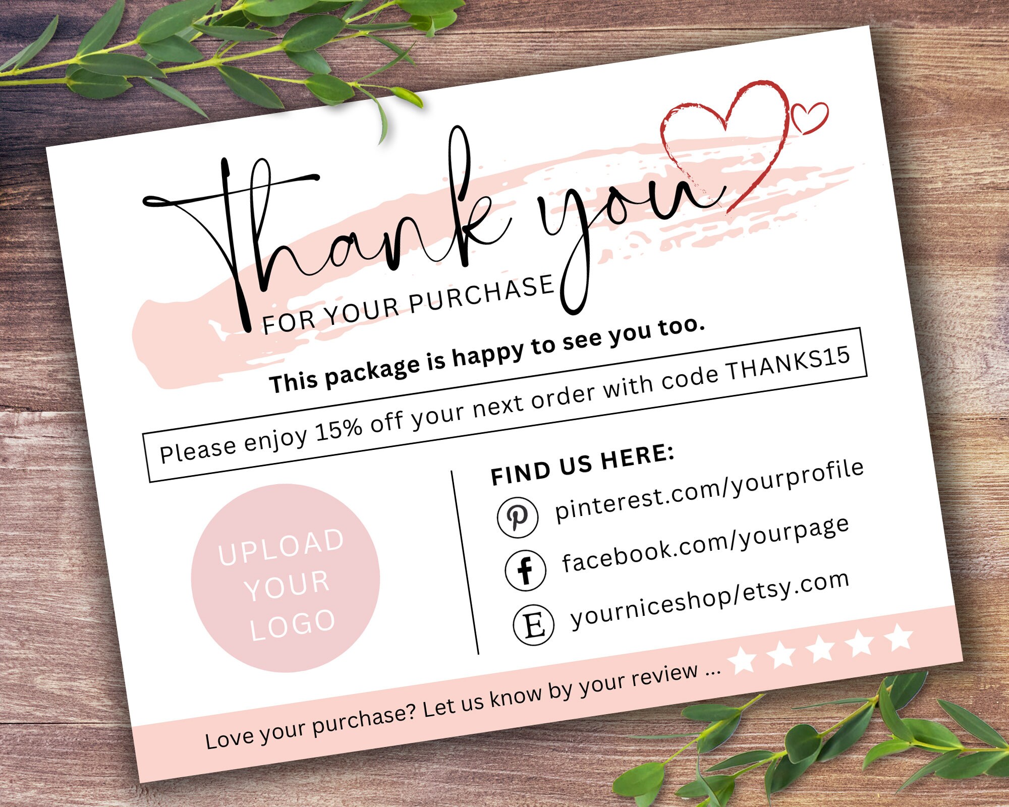 Thank You Card 2 Printable Business Template, Editable Etsy Shop Card ...