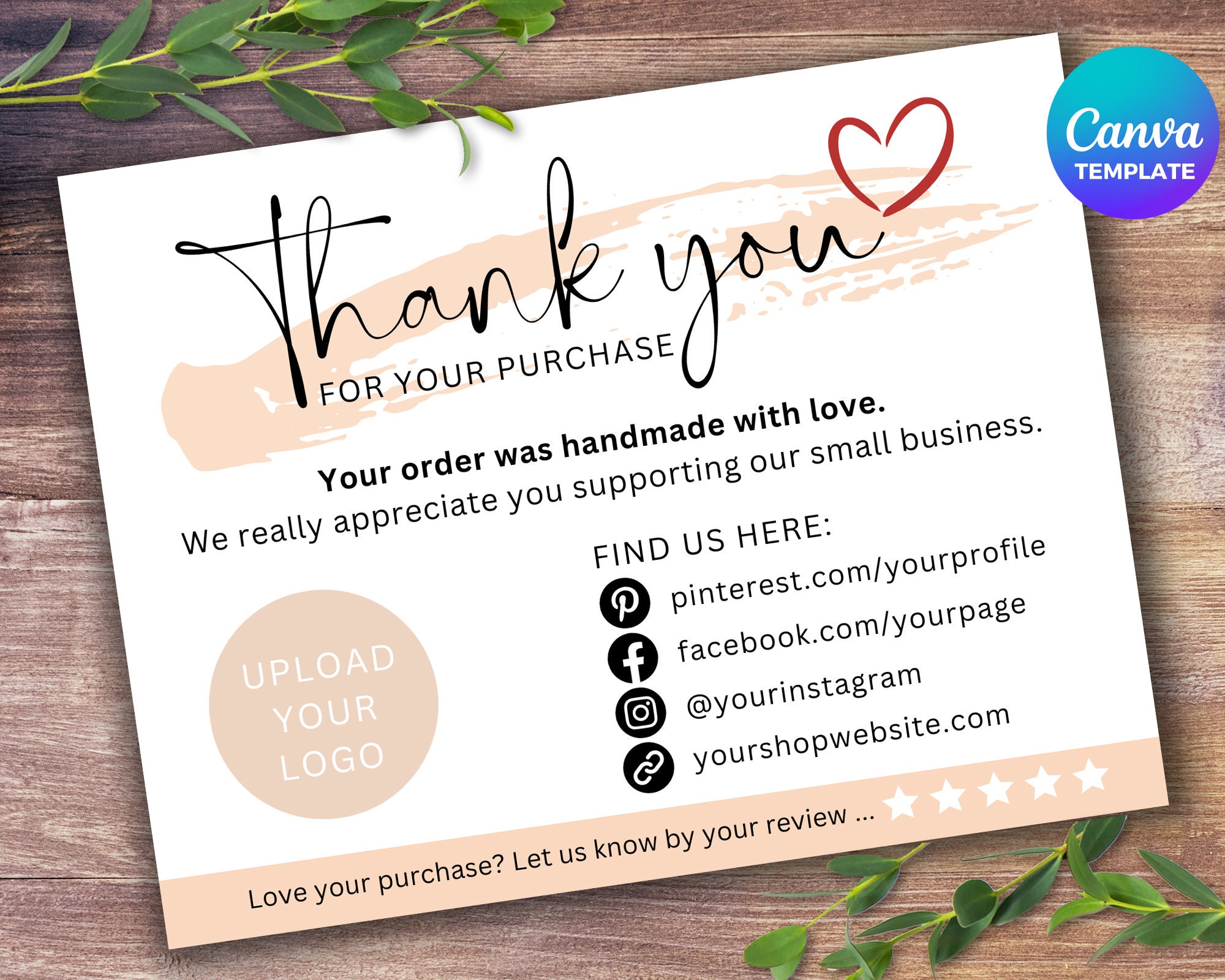 Thank You Card 1 Printable Business Template, Editable Etsy Shop Card ...