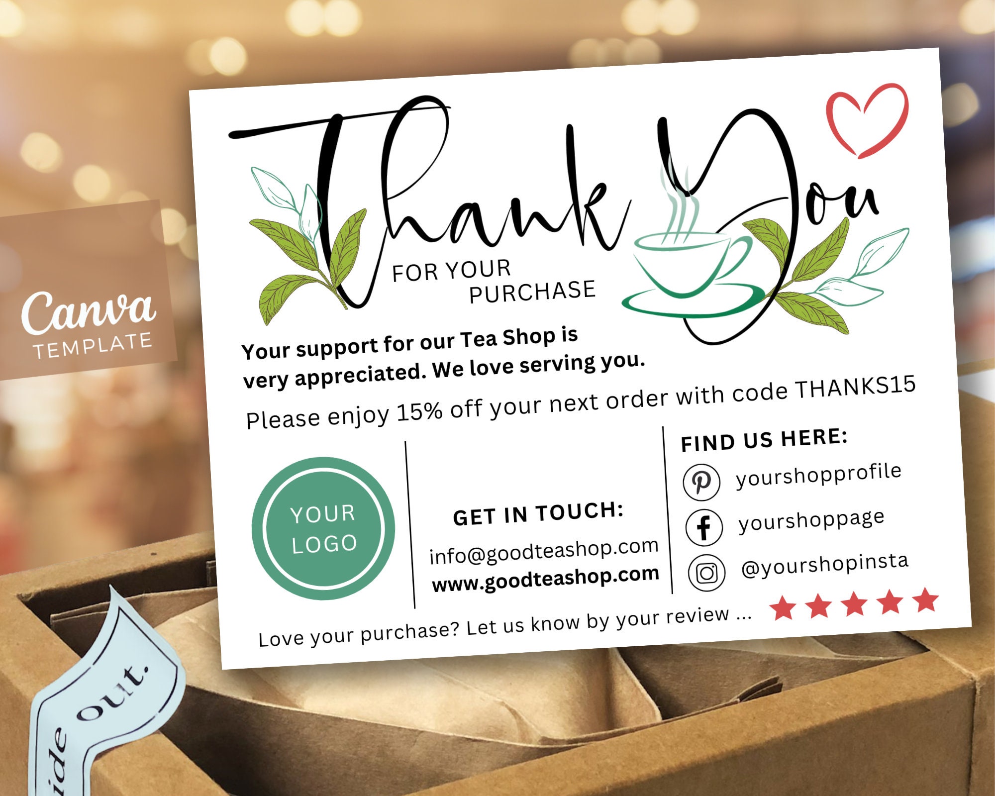 Tea Shop – Thank You Card, Printable Business Card Template, Thank You ...